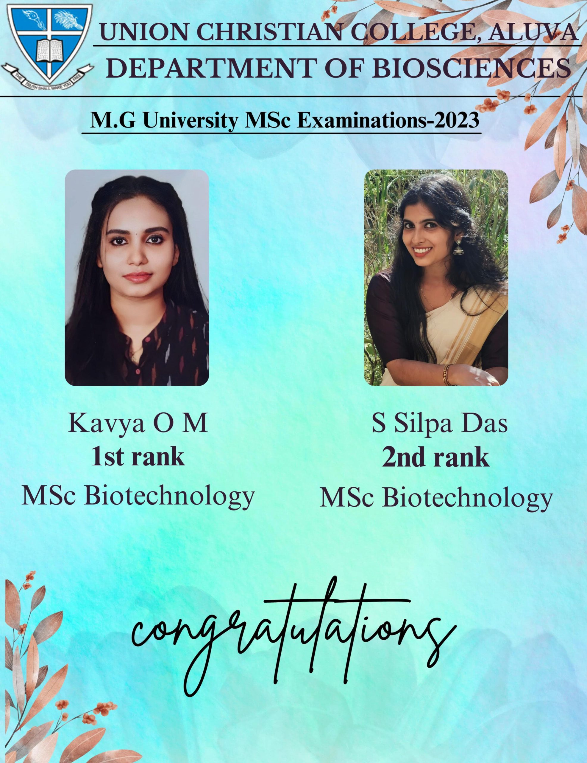 Congratulations to the Rank Holders - MSc Biotechnonogy - Union Christian College Aluva | Union ...