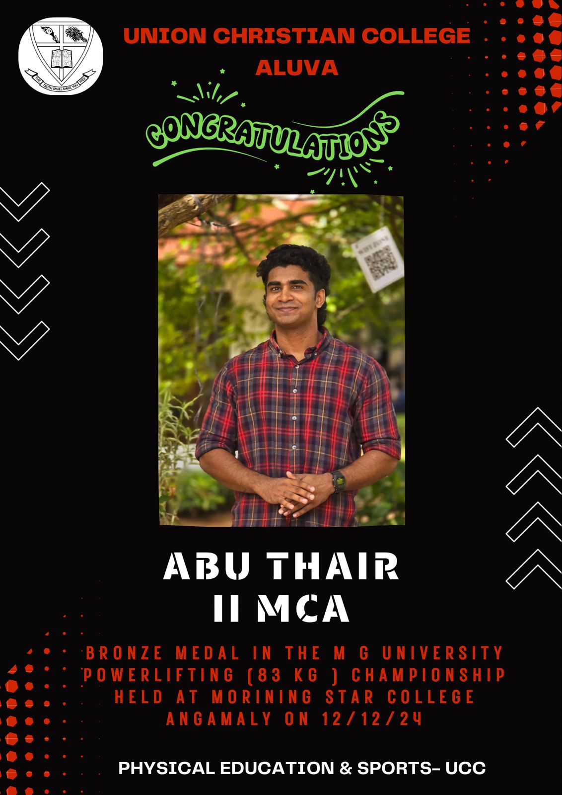 Congratulations to Abu Thair - Union Christian College Aluva | Union Christian College Aluva