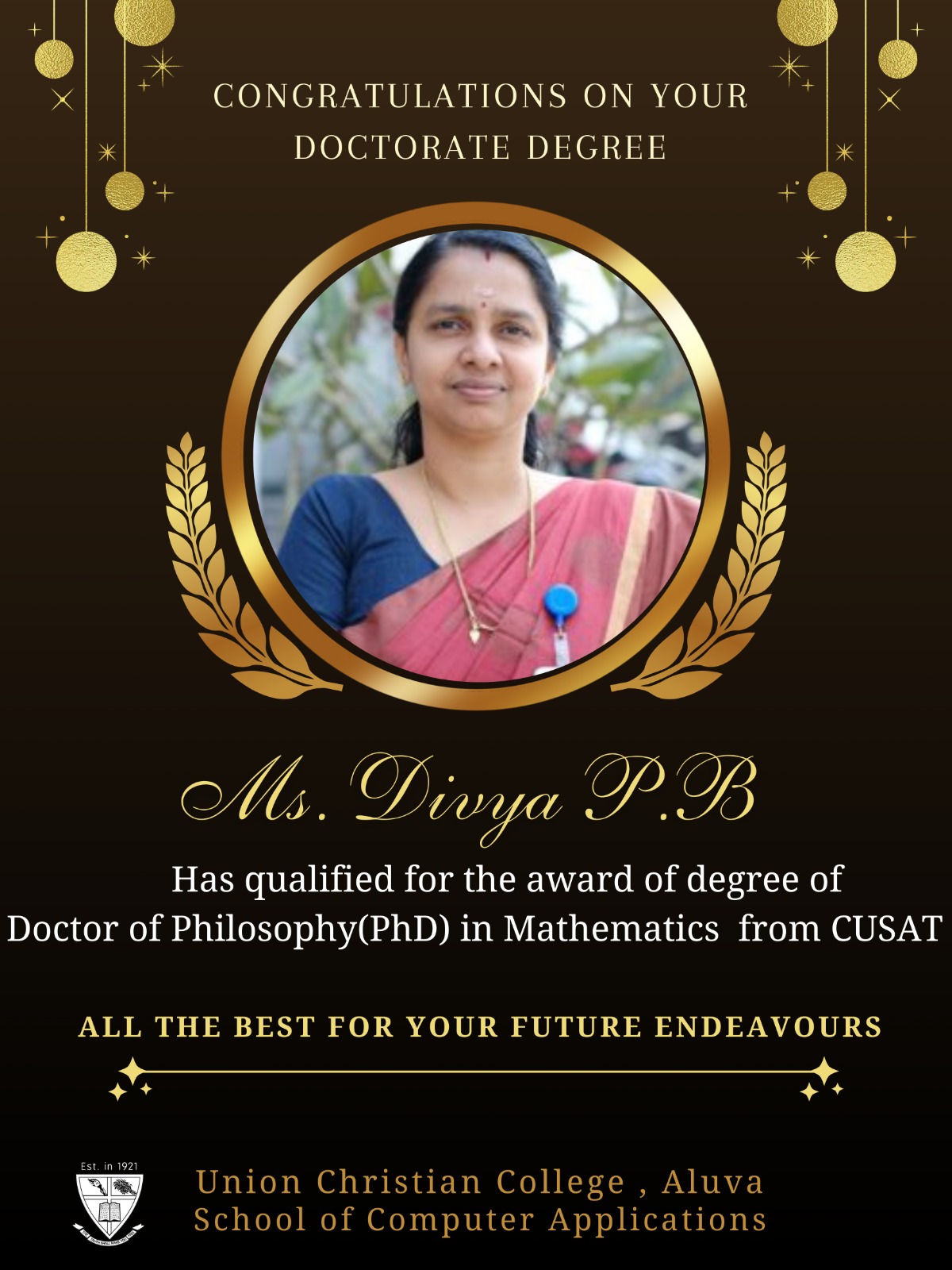 Congratulations to Dr. Divya P.B. - Union Christian College Aluva ...