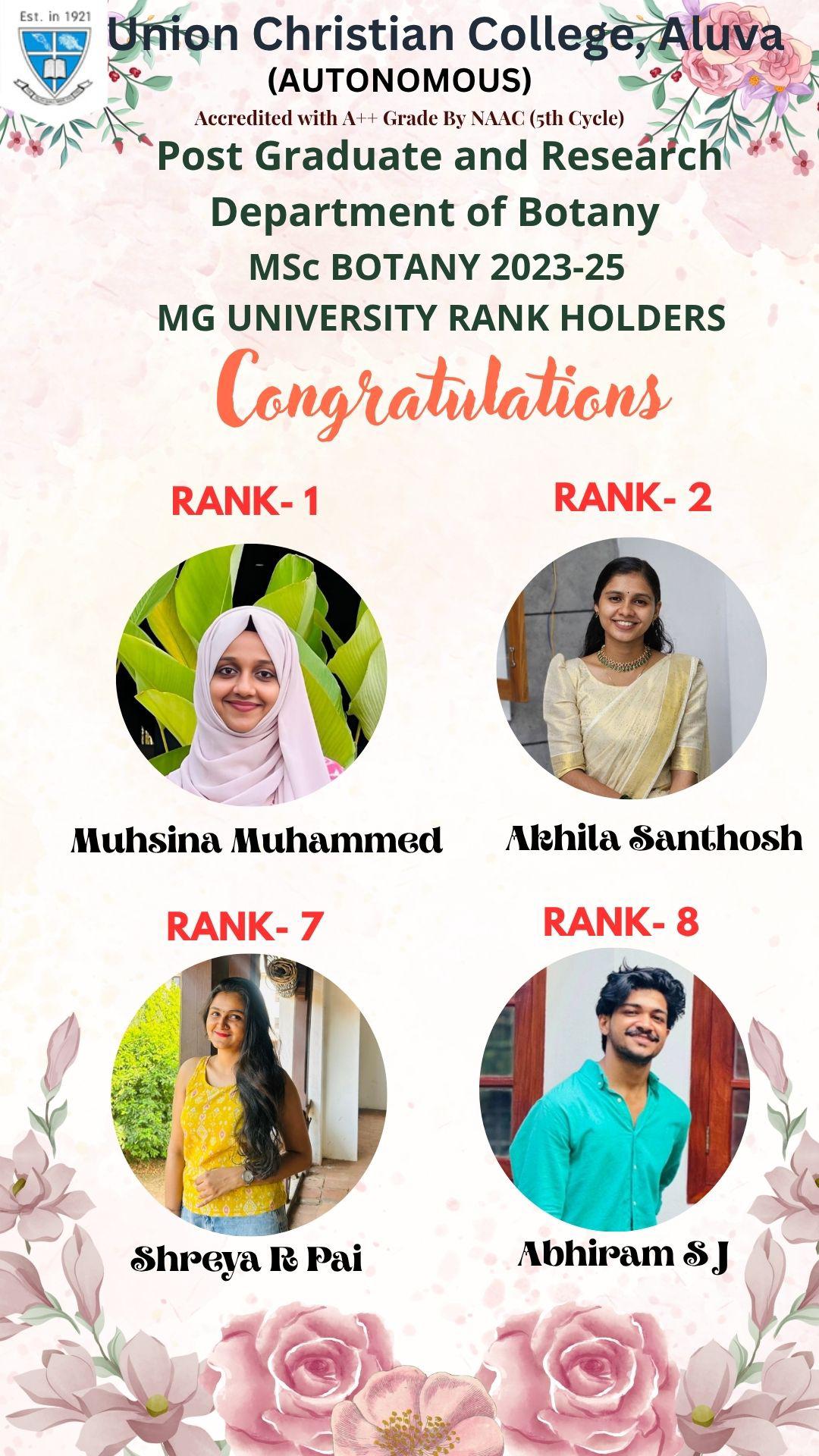 PG Rank Holders - Union Christian College Aluva | Union Christian College Aluva